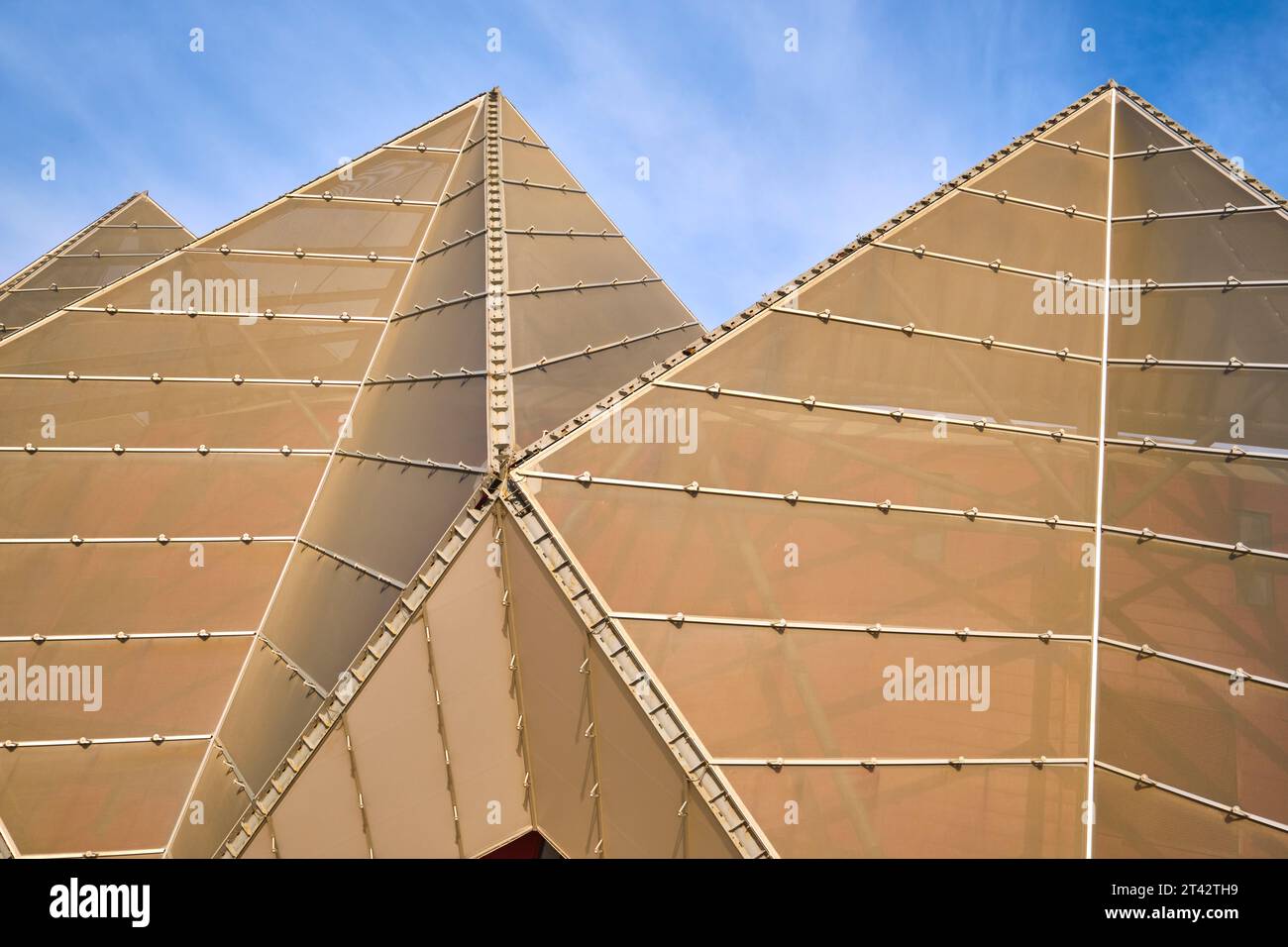 A detailed, close up view of the iconic, modern, jagged facade ...