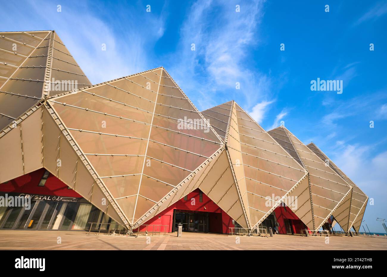 A detailed, close up view of the iconic, modern, jagged facade ...