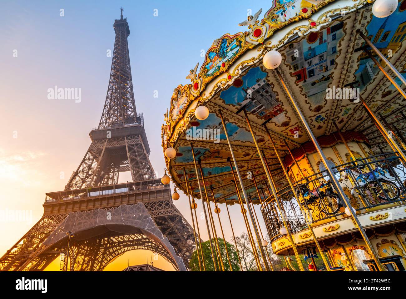 Historical Carousel of the Eiffel Tower. Morning photography at sunrise time. Paris, France ...