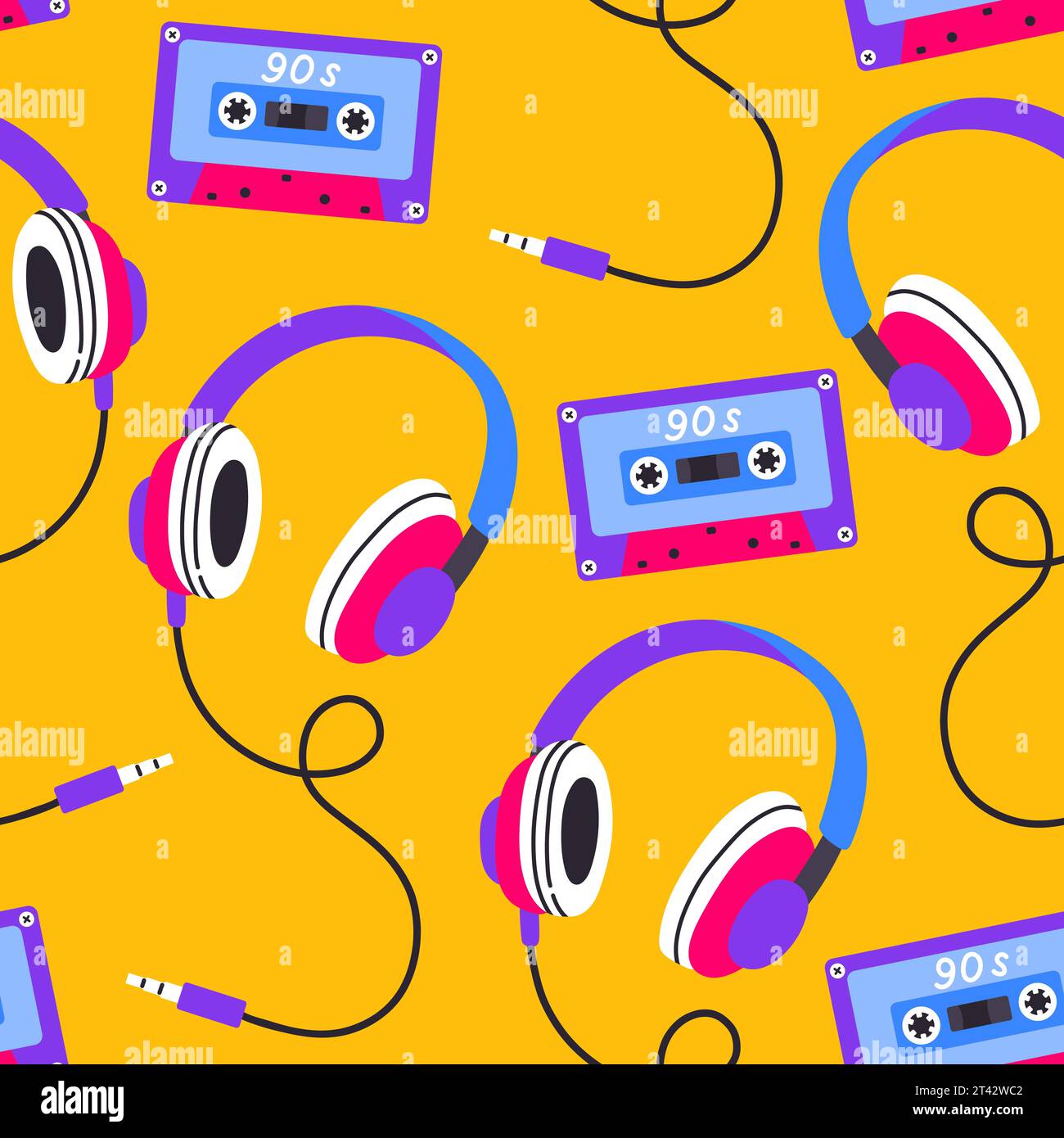 80s 90s seamless pattern in modern style flat, line style. Hand drawn ...