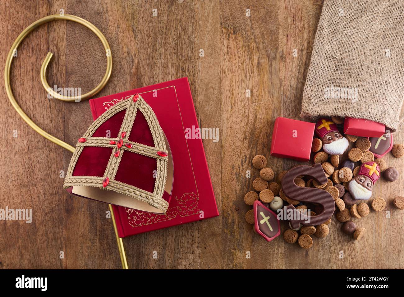 Dutch holiday Sinterklaas background with mitre or mijter staff and ...