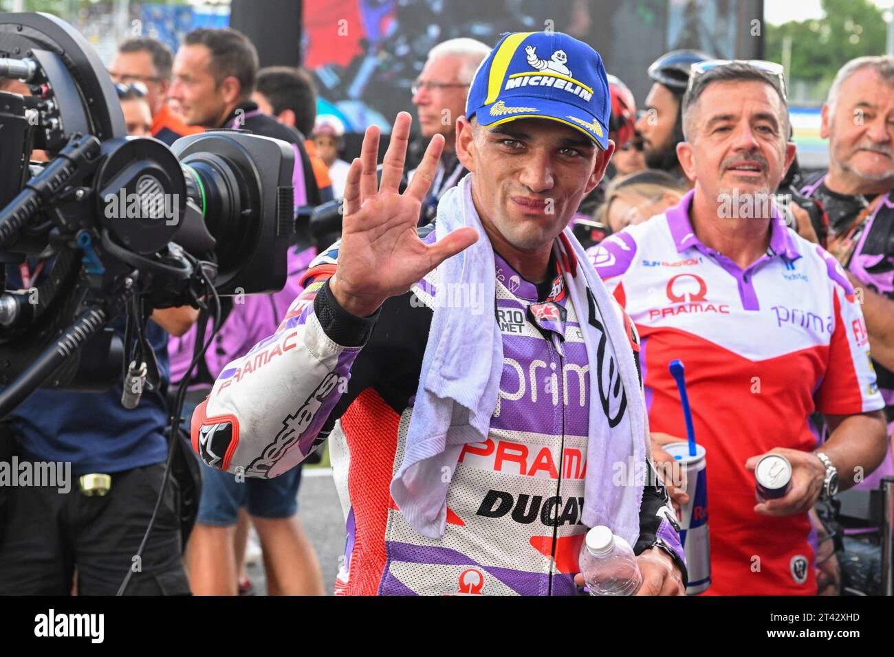 Sprint race winner Spain's Jorge Martin waves on the podium of the ...