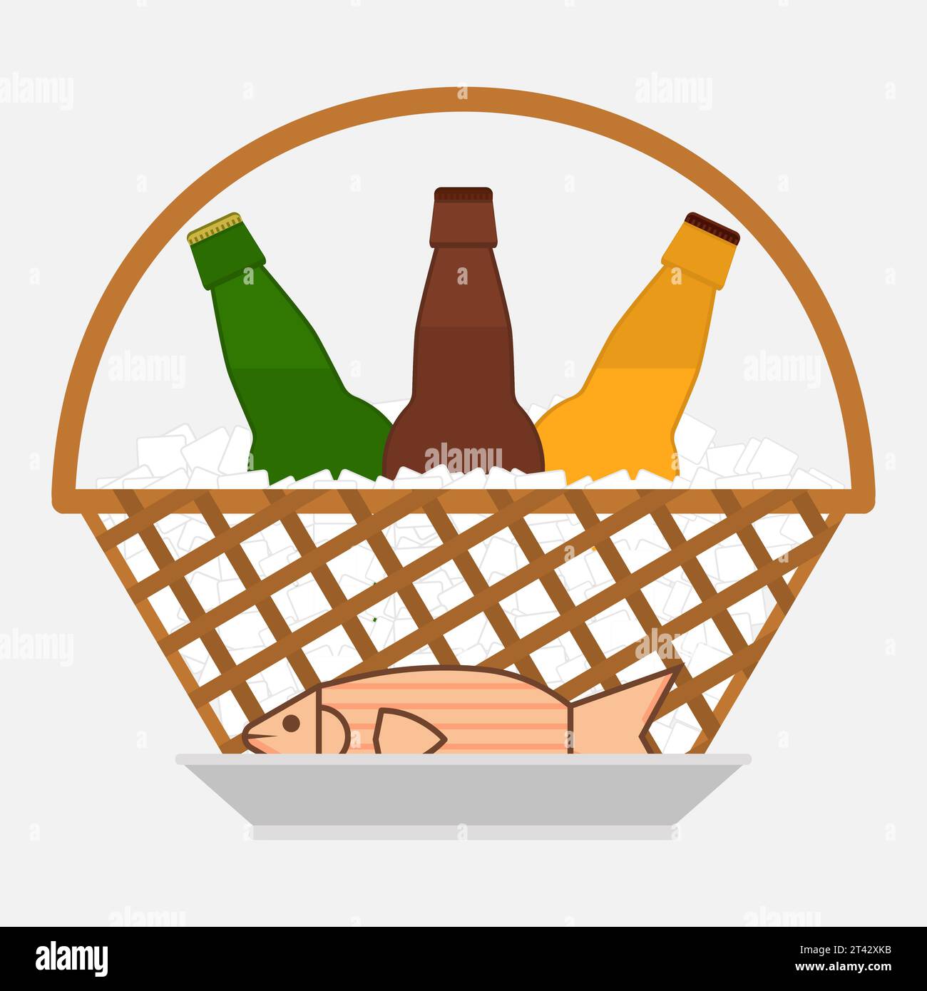 Bottles of beer in a wicker basket with ice cubes and fish on a plate ...
