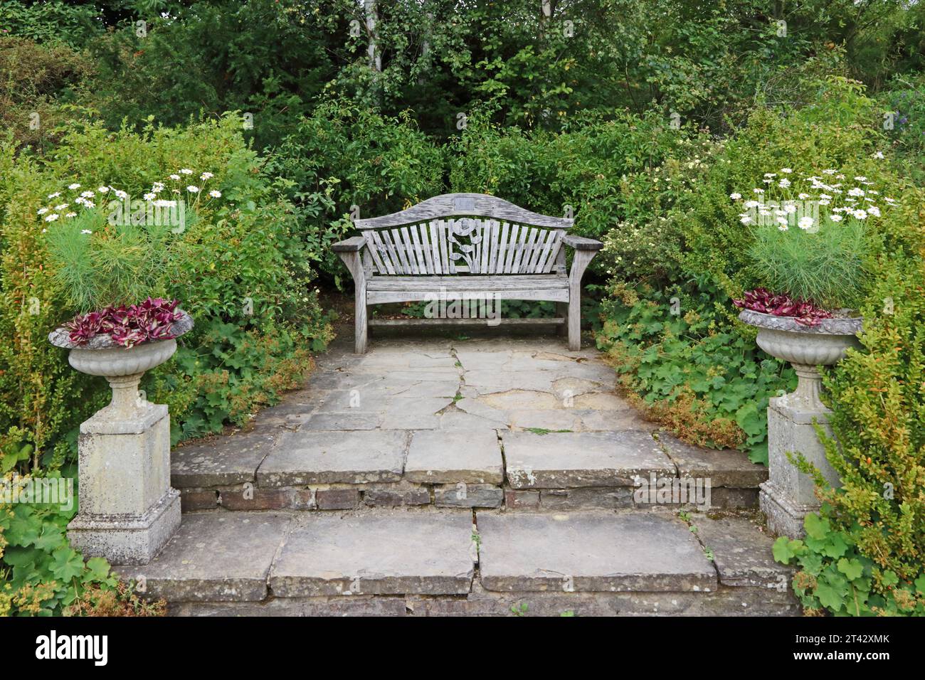 Wooden bench at end of path in a formal garden Stock Photo - Alamy