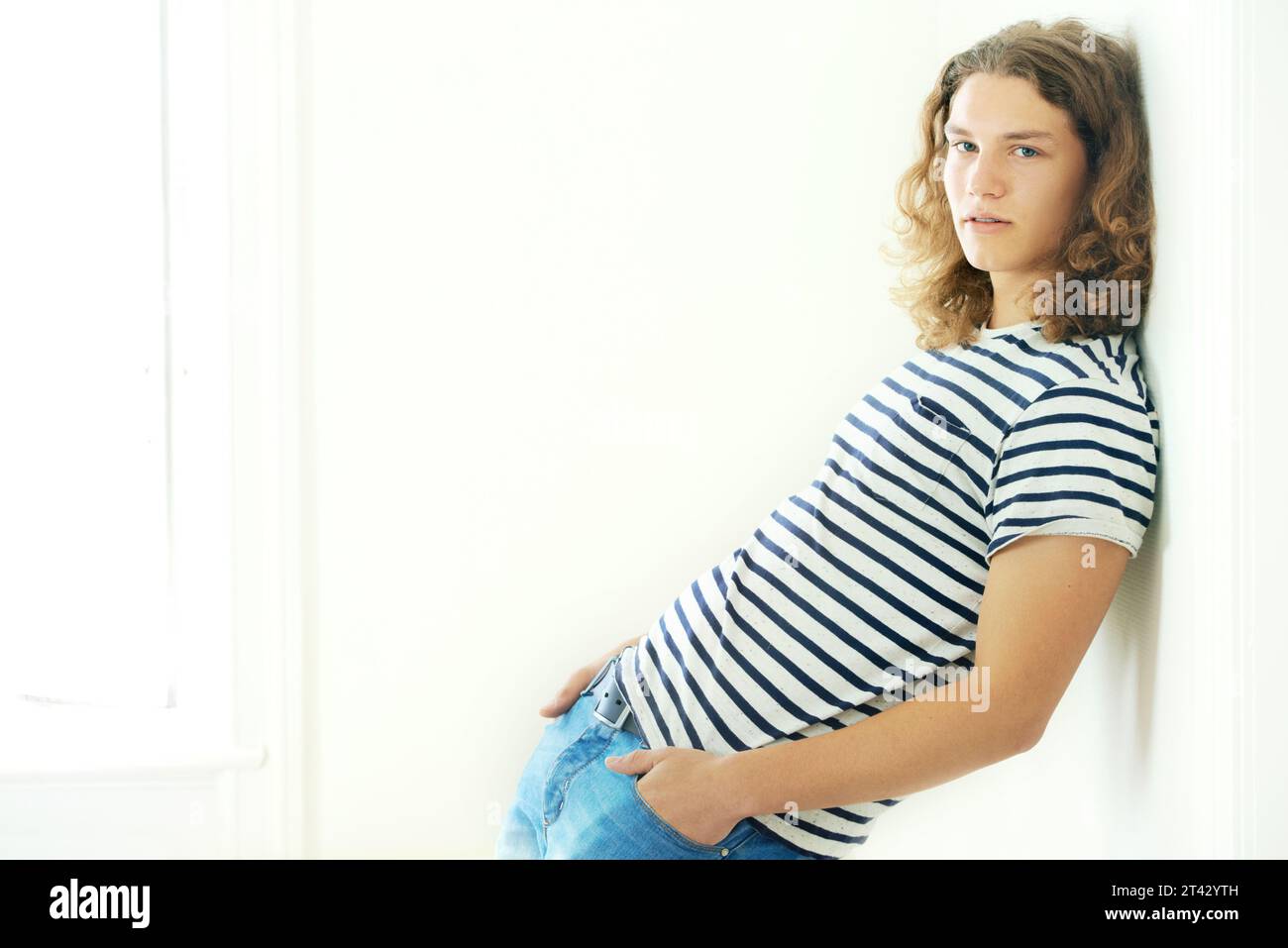 Man, model and hair with beauty in portrait, mockup space with curly ...