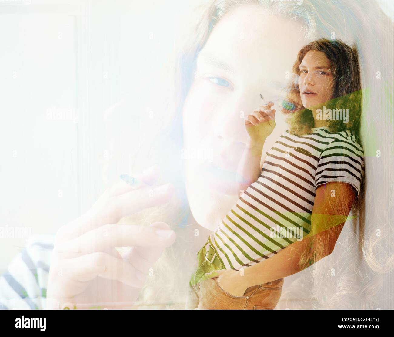 Portrait, man and smoking of cigarette for double exposure for fashion ...