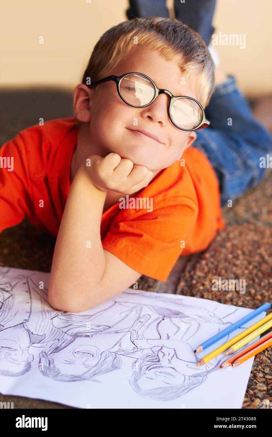 Portrait, outdoor and boy with a sketch, drawing and artistic with ...