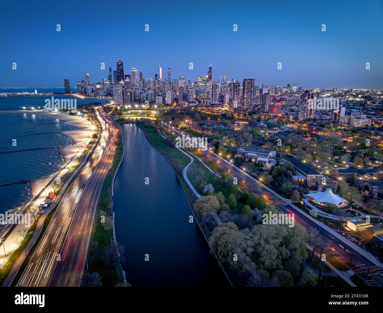 Aerial view of road towards downtown Business District at Dusk, Chicago ...