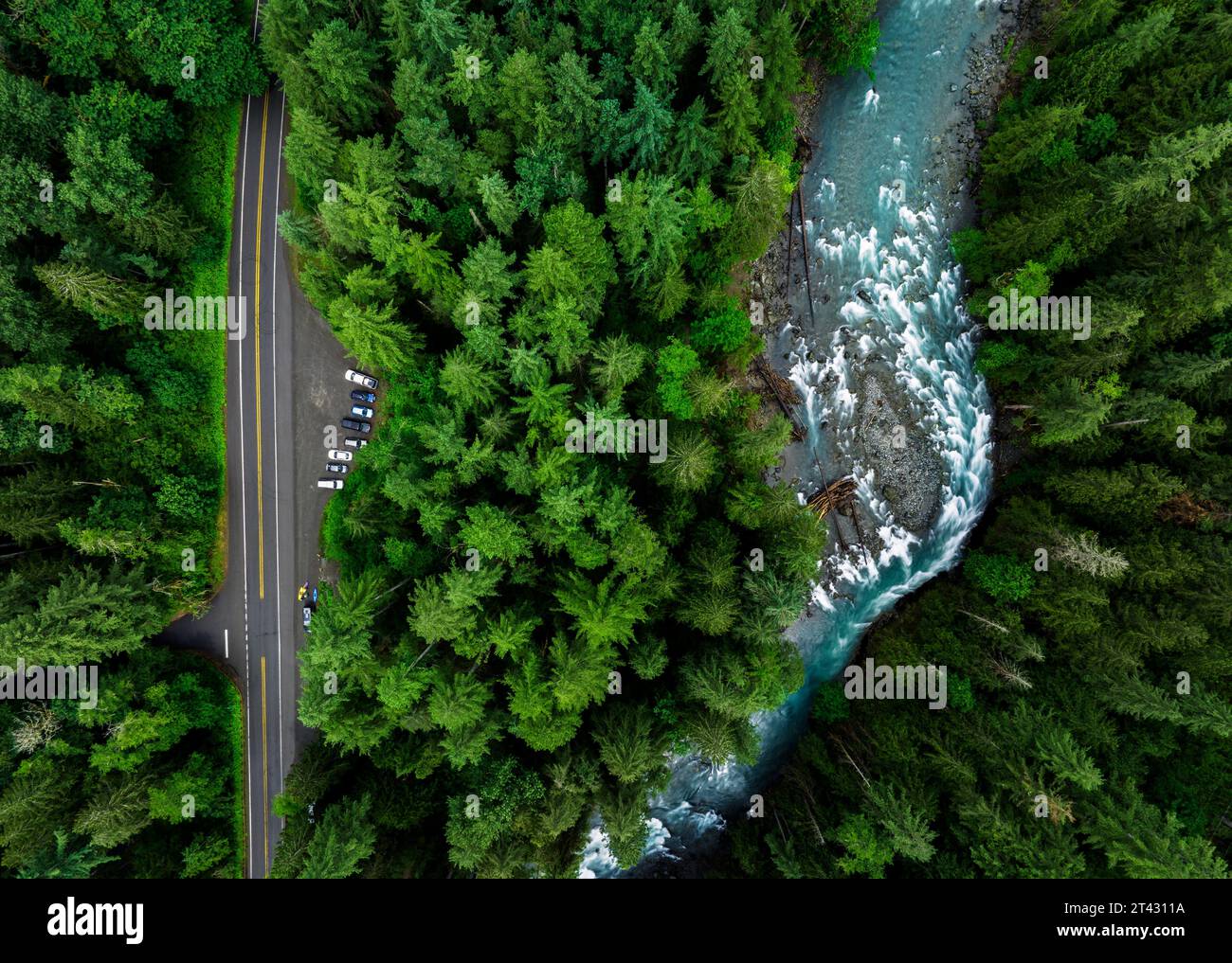 Aerial view of a straight road and river through a forest landscape ...