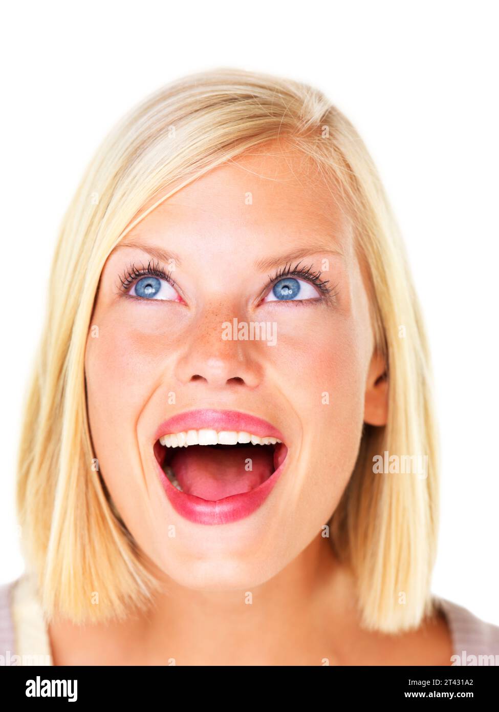 Woman, face and wow with smile for surprise, announcement and ...