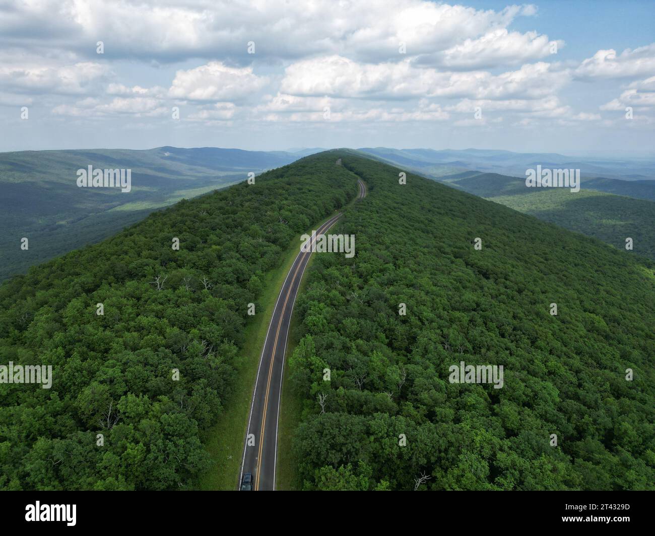 An aerial view of Steep Mountain Road in Arkansas on the Talimena ...