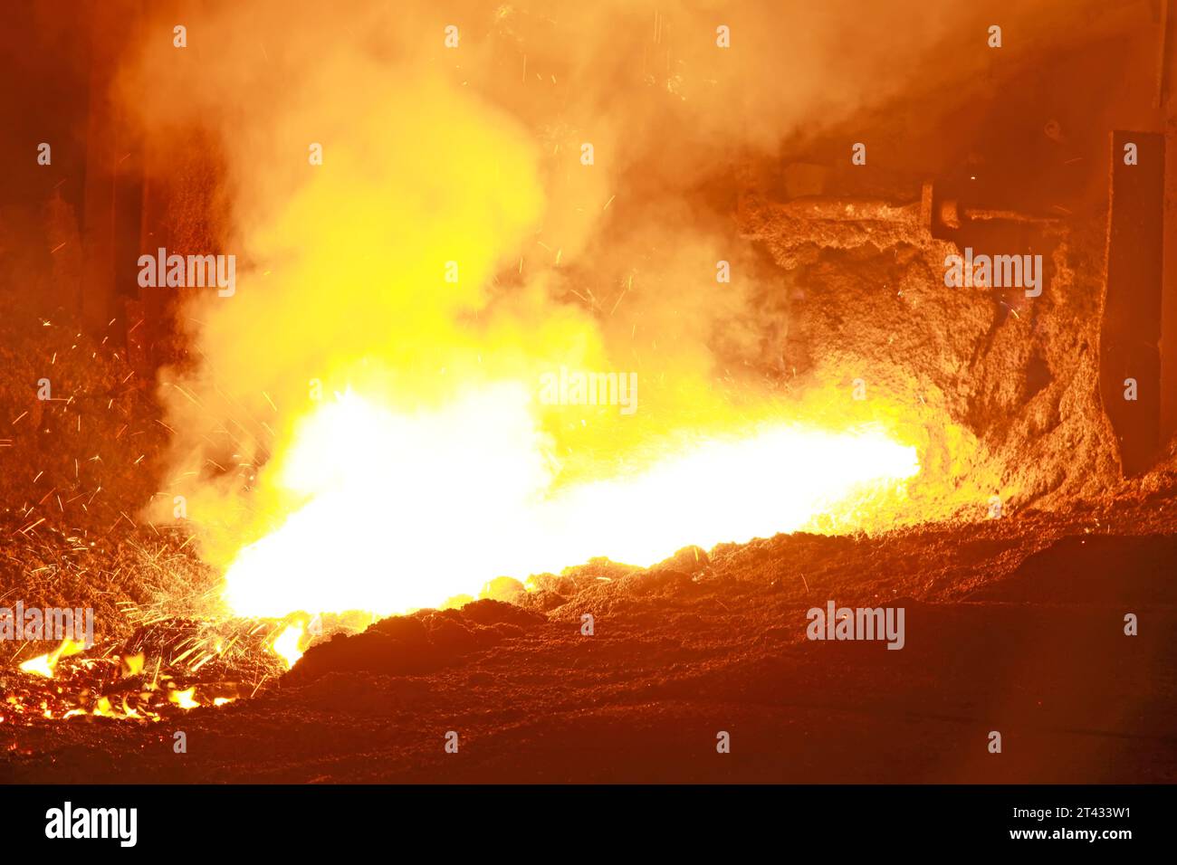 hot molten iron flowing from blast furnace, closeup of photo Stock ...