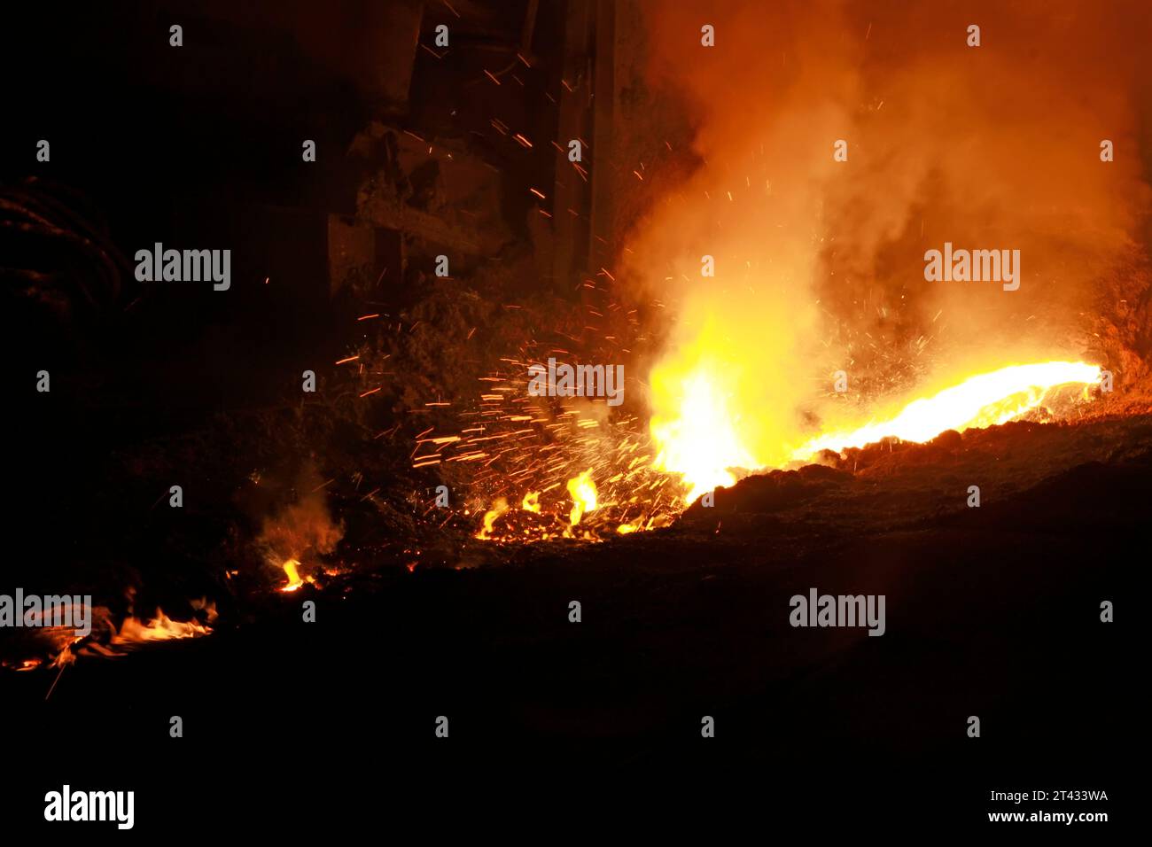 hot molten iron flowing from blast furnace, closeup of photo Stock ...