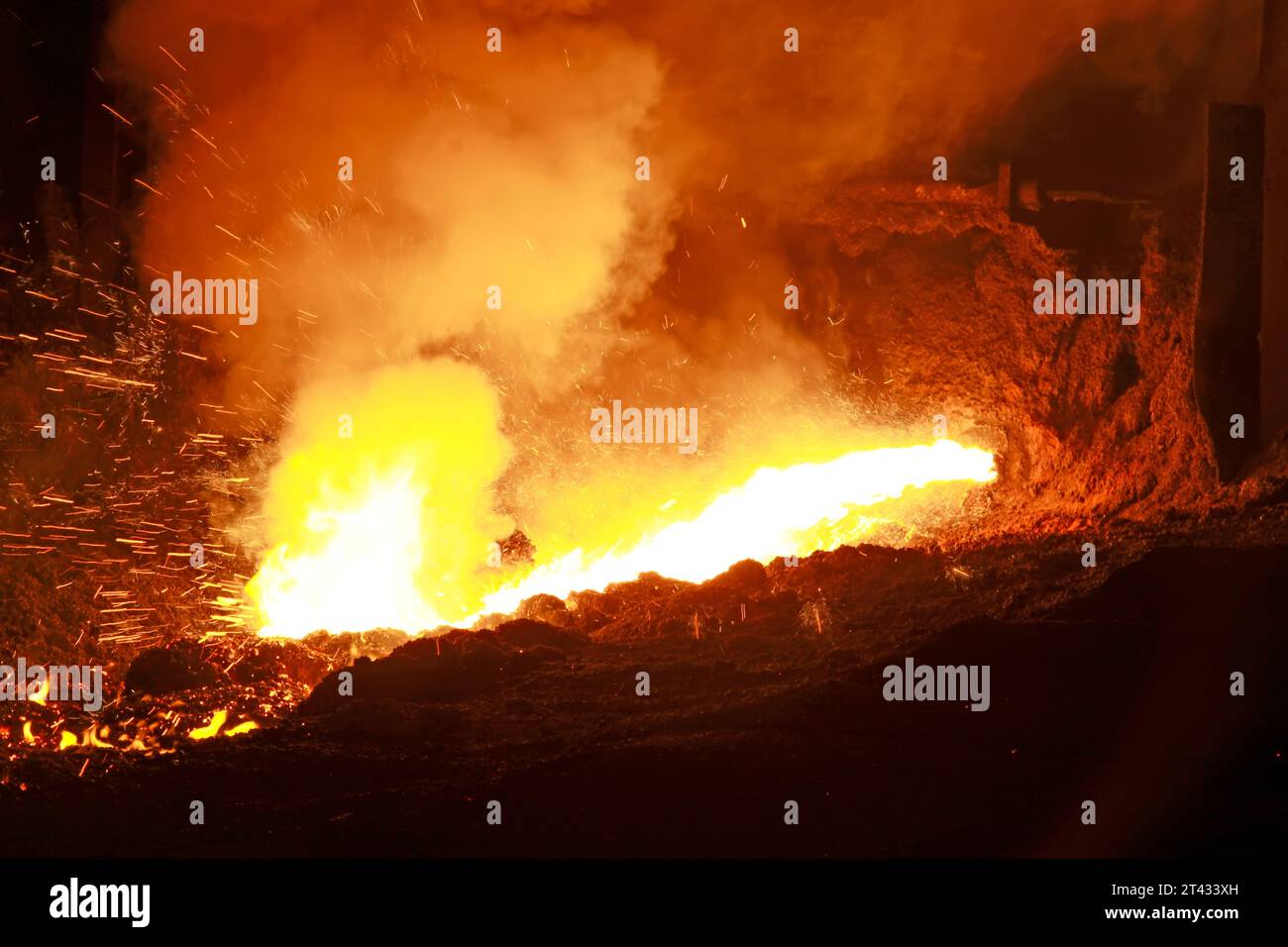 hot molten iron flowing from blast furnace, closeup of photo Stock ...