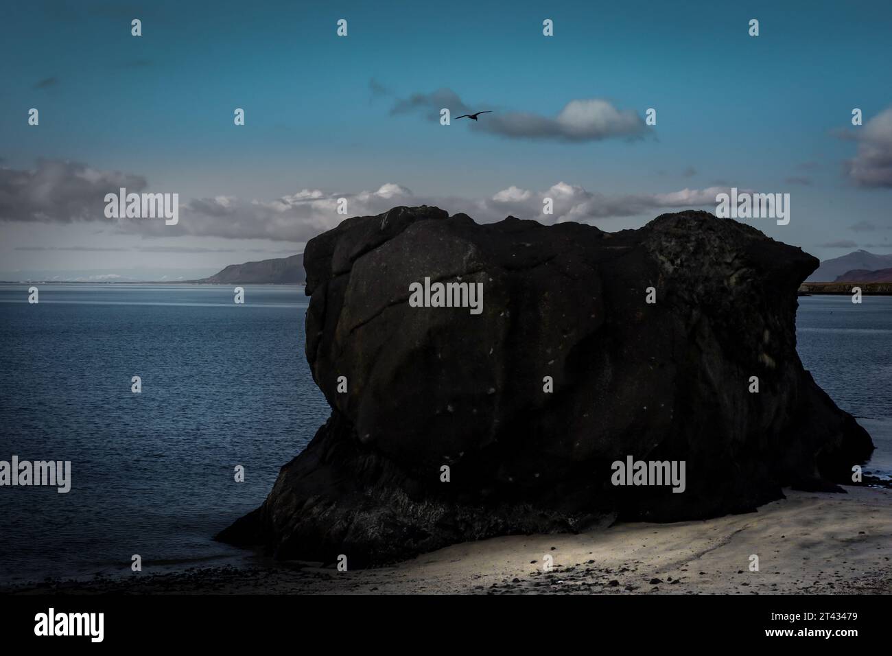 Big black volcanic rock on Skarfaklettur beach in Reykjavik, Iceland ...