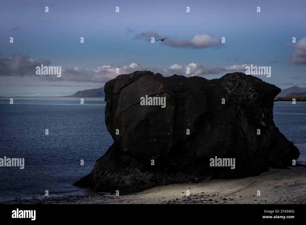 Big black volcanic rock on Skarfaklettur beach in Reykjavik, Iceland ...