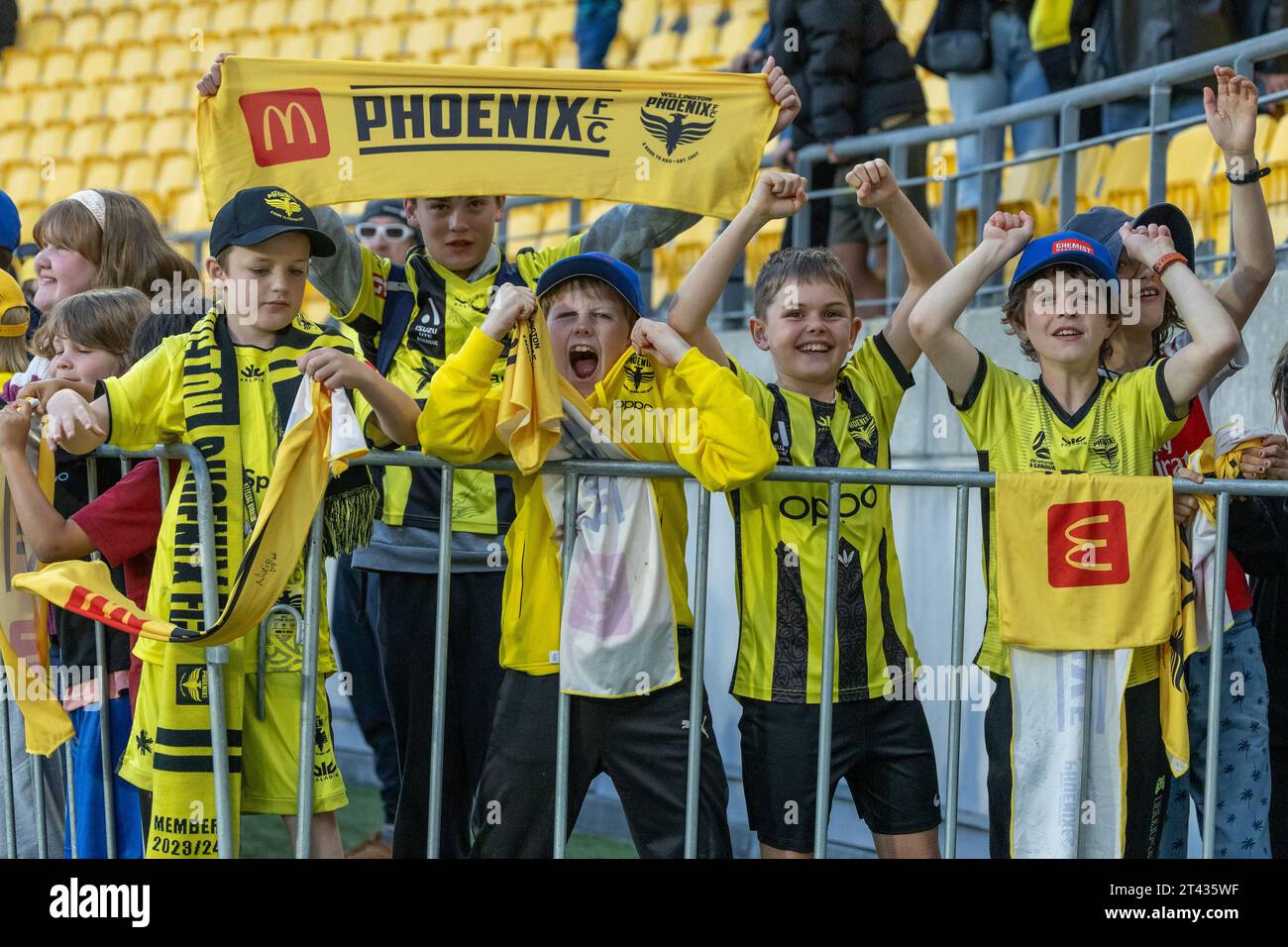 Wellington, New Zealand. 28th Oct, 2023. Young Phoenix fans celebrate their team's 2-1 win over ...