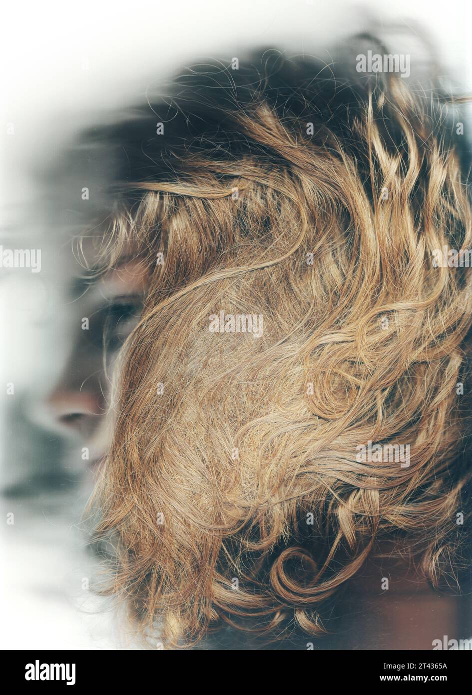 Hair, care and closeup of man with damaged hairstyle in barber, studio ...
