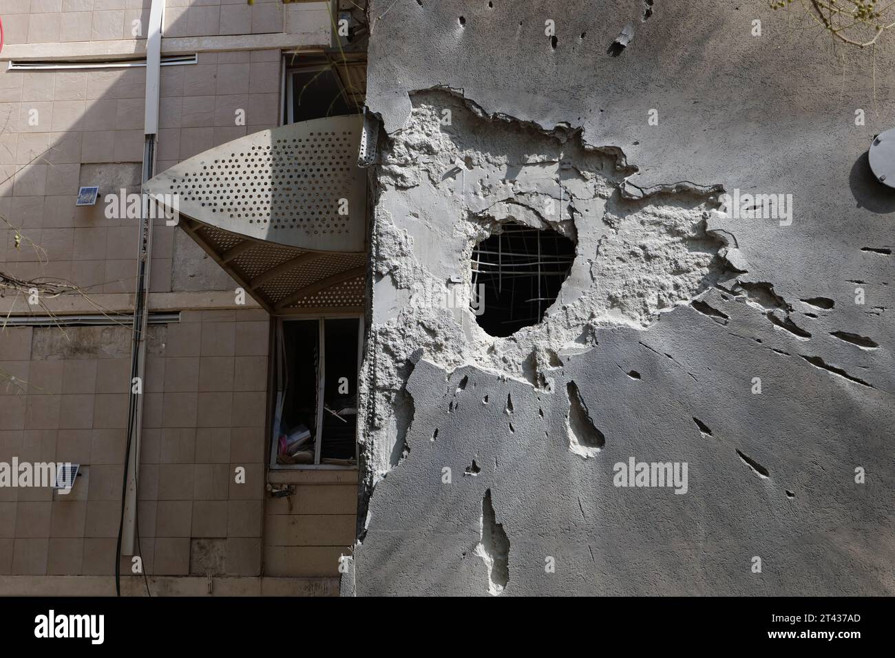 Opene hole in a residential building due to a direct hit by a Hamas ...