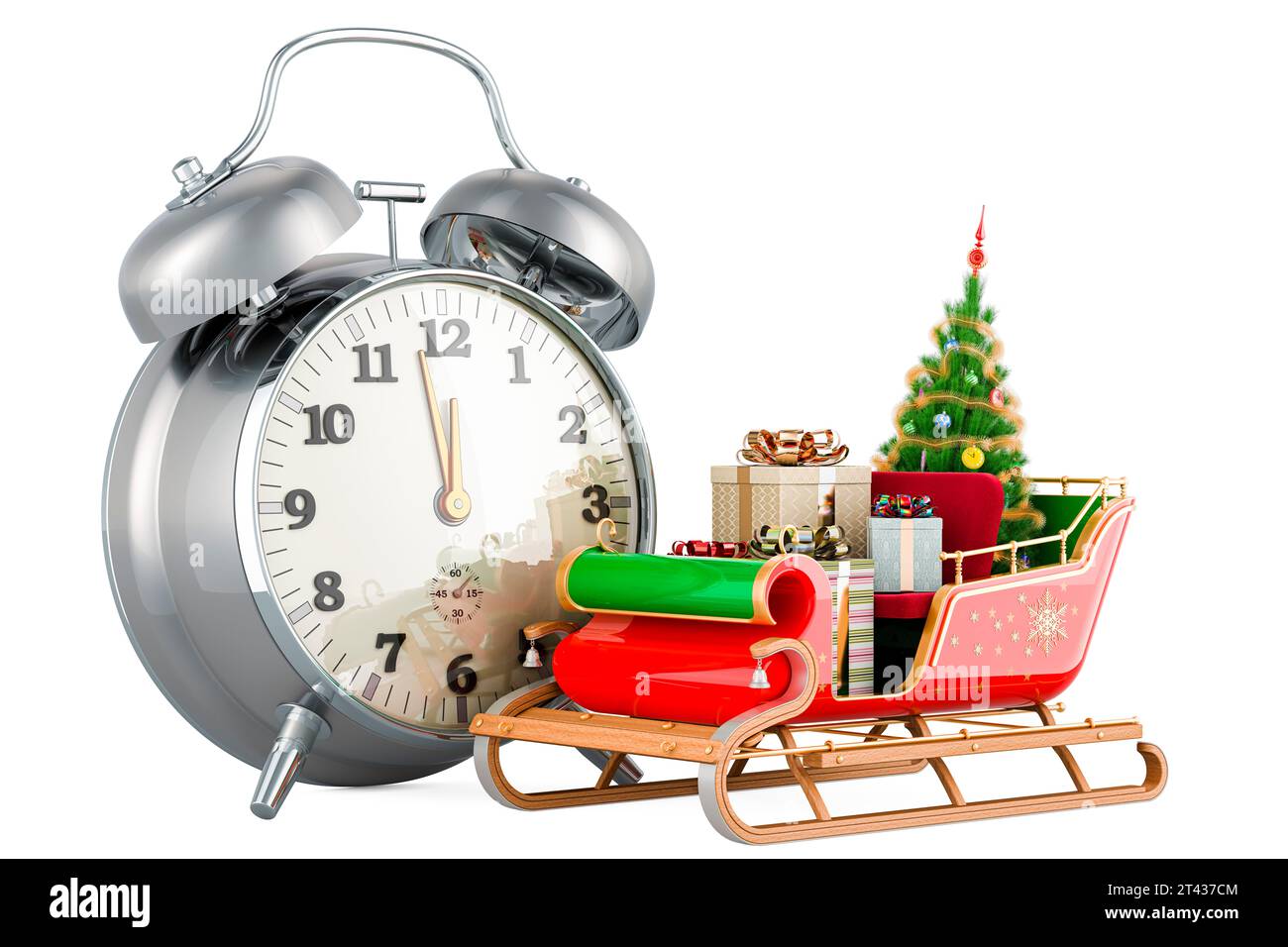 Christmas time concept. Alarm clock with Christmas Santa Sleigh full of ...