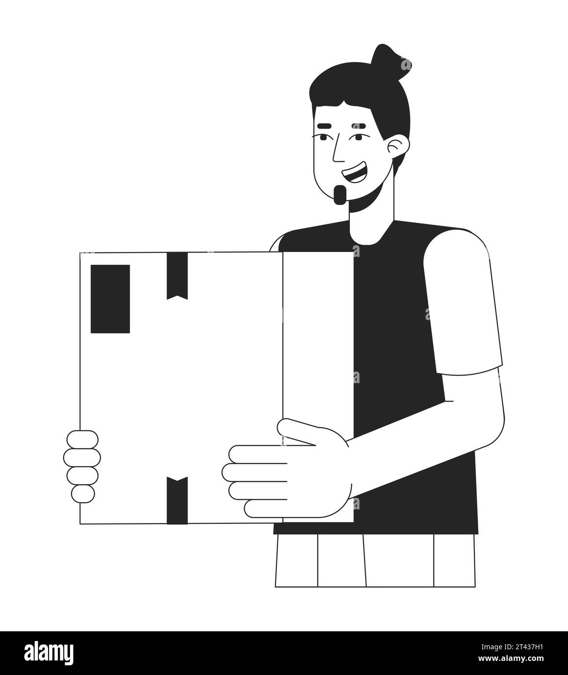 Excited caucasian guy holding cardboard box black and white 2D line cartoon character Stock ...