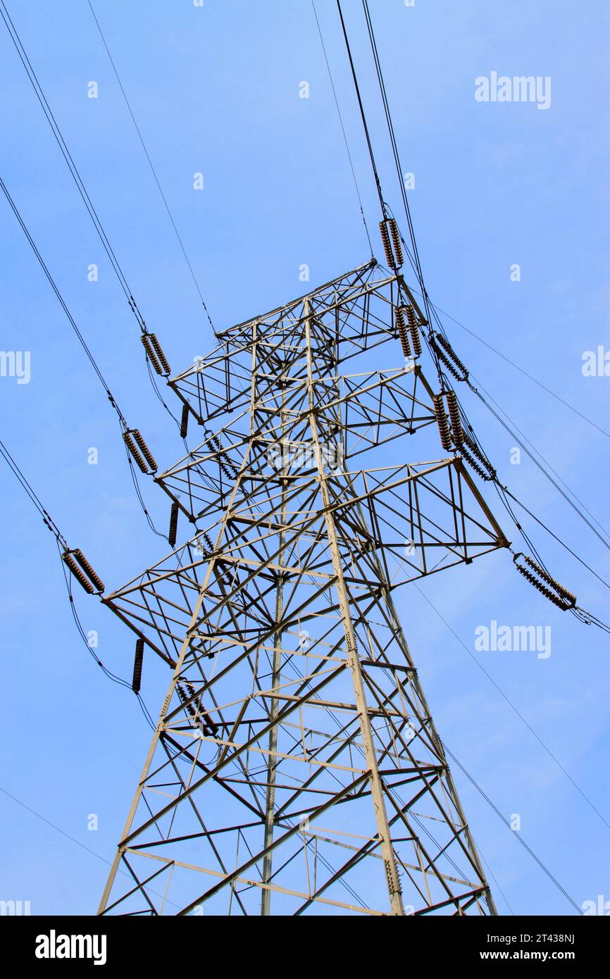 electric tower in the blue sky, steel power transmission facilities ...