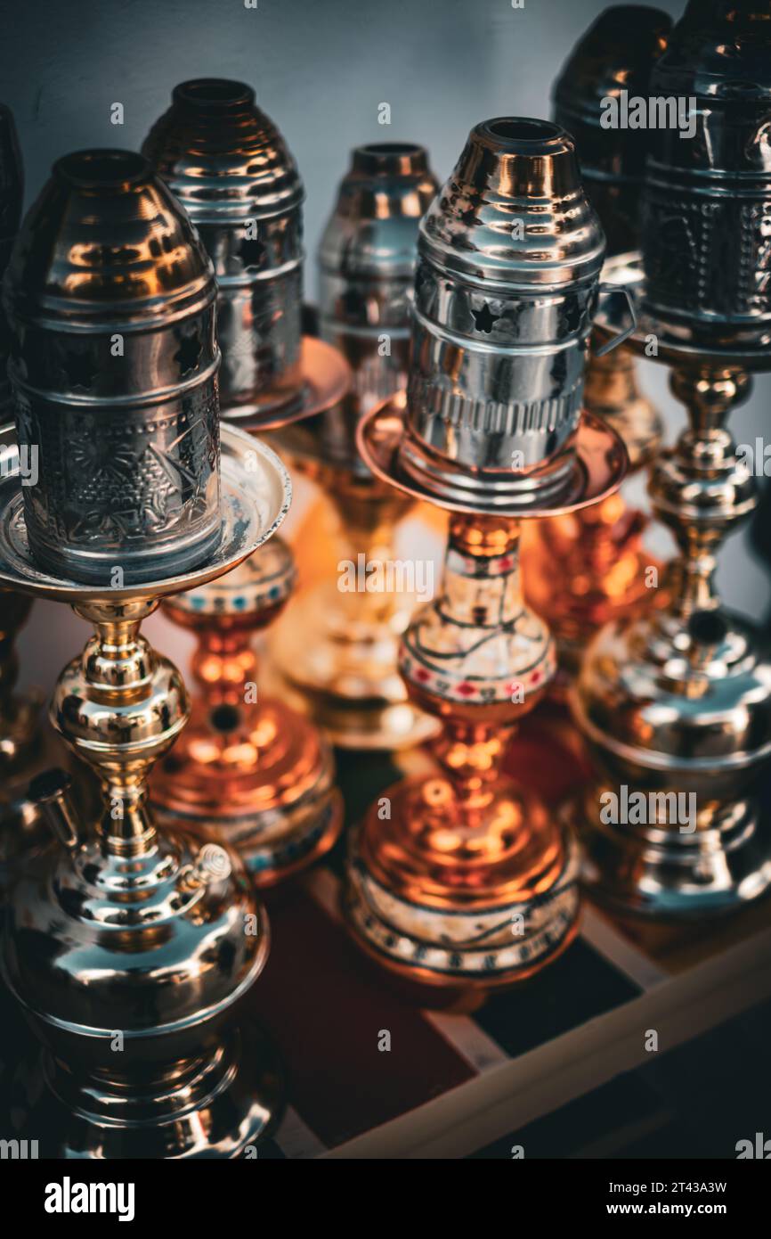A variety of polished Egyptian hookahs on display Stock Photo - Alamy