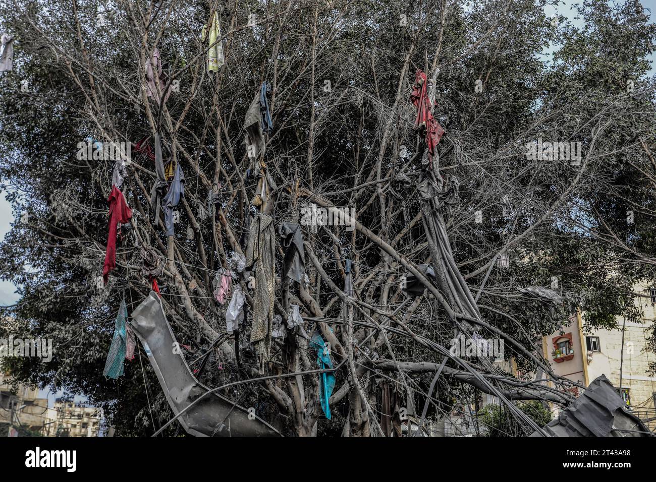 Rafah, Palestinian Territories. 28th Oct, 2023. Torn clothes hang from ...