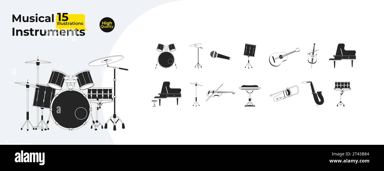 Musical instruments black and white 2D line cartoon objects bundle ...