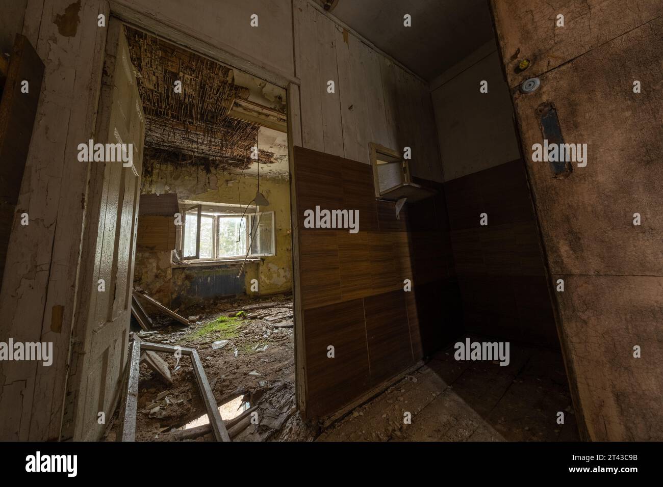 From above interior of abandoned uninhabited house with dirty shabby ...