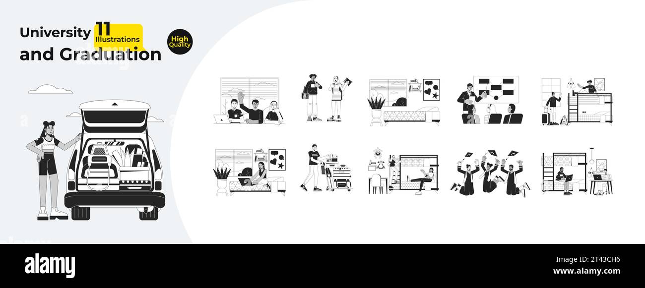 University student college life black and white cartoon flat ...