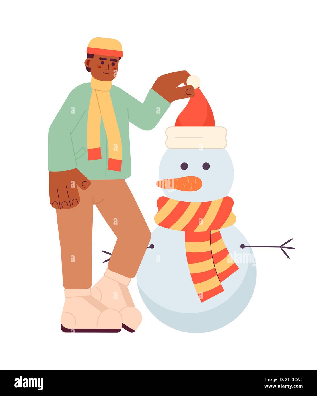 African american man putting santa hat on snowman head 2D cartoon ...