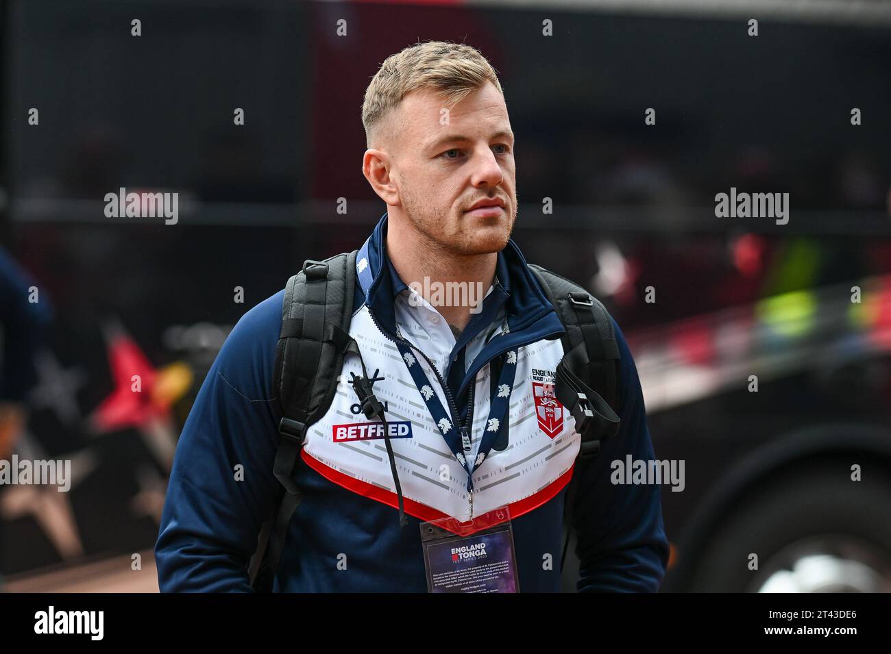Tom Johnstone of England arrives at the stadium before the Rugby League ...