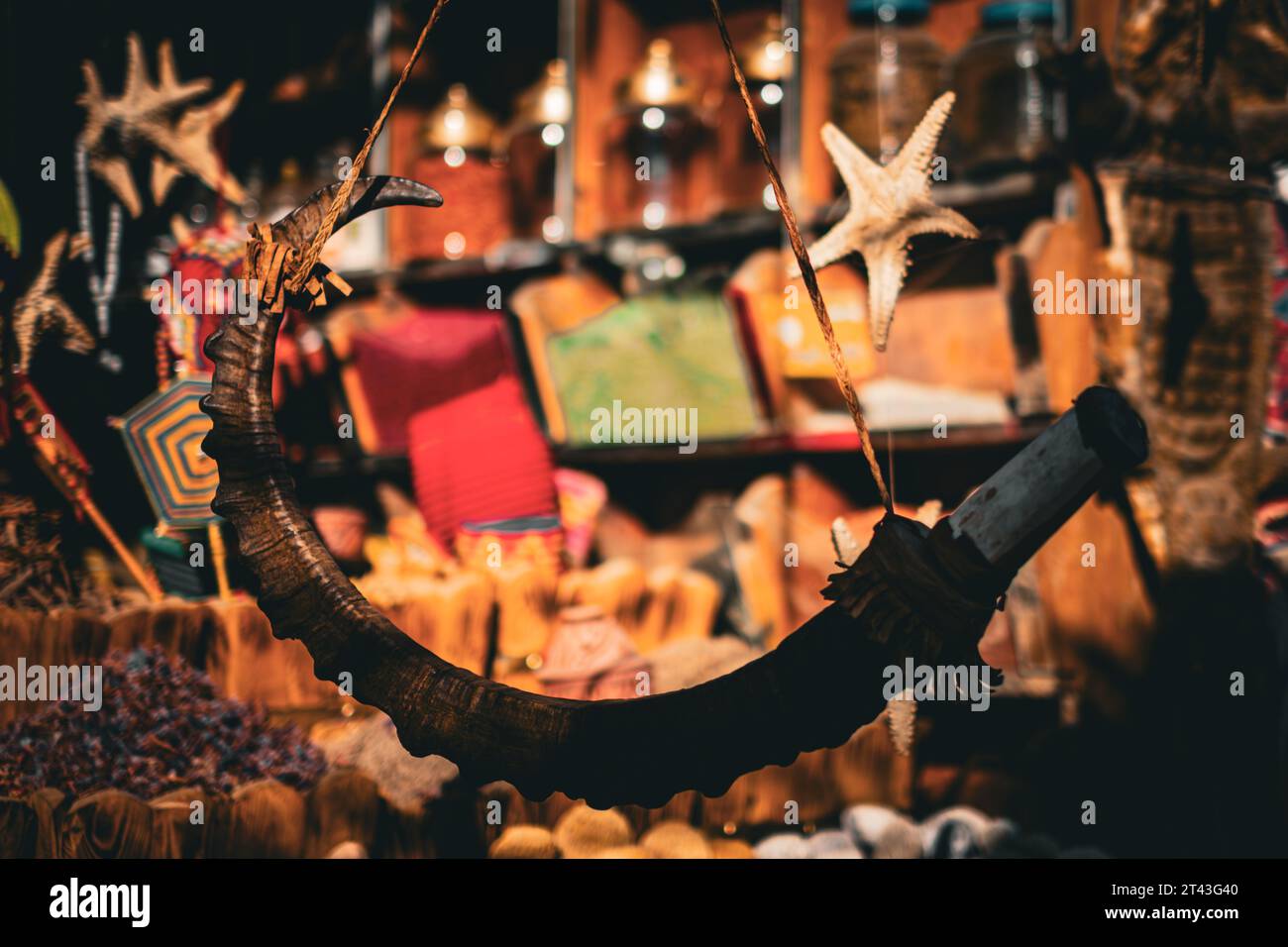 A Nubian market street lined with various stalls selling textiles ...