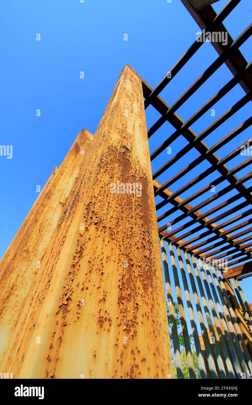 Oxidation rust steel beams in blue sky background, closeup of photo ...
