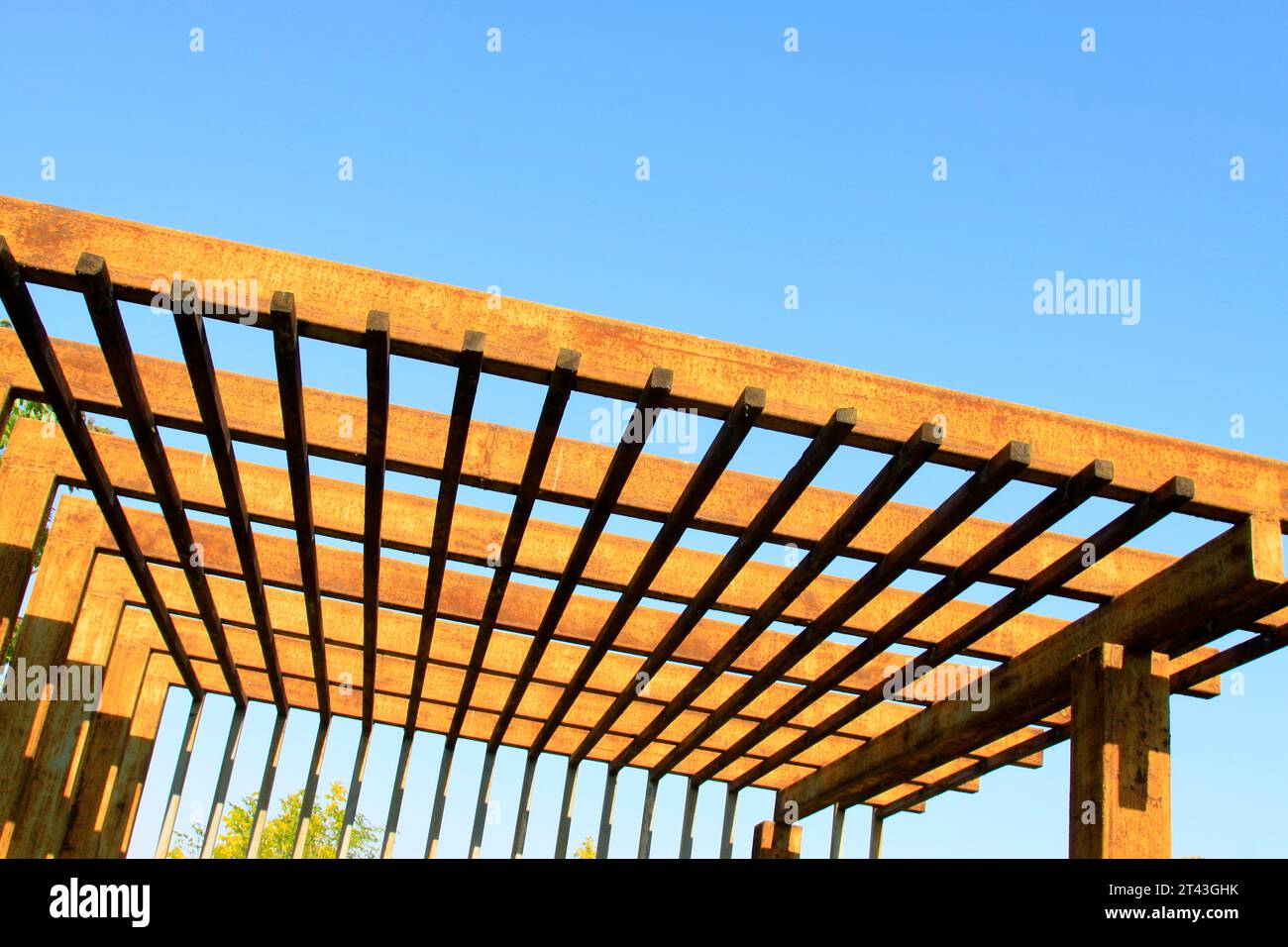 Oxidation rust steel beams in blue sky background, closeup of photo ...