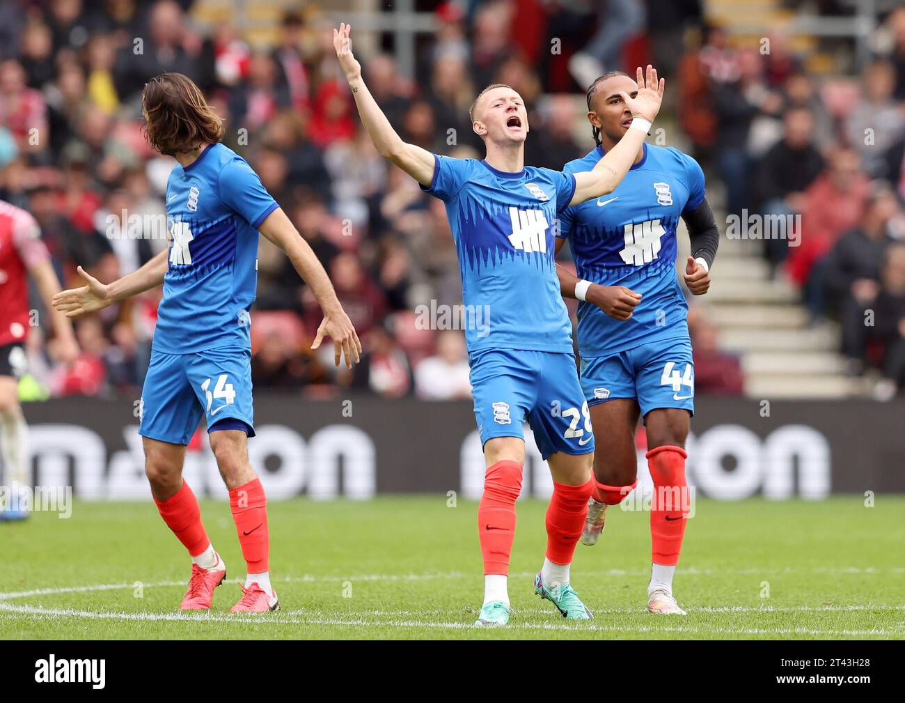 Birmingham City's Jay Stansfield (centre) celebrates scoring his sides ...