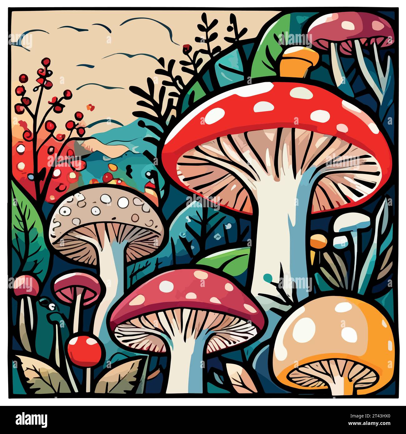 various Mushrooms, Autumn Mushroom Painting, Wild Mushrooms Abstract ...