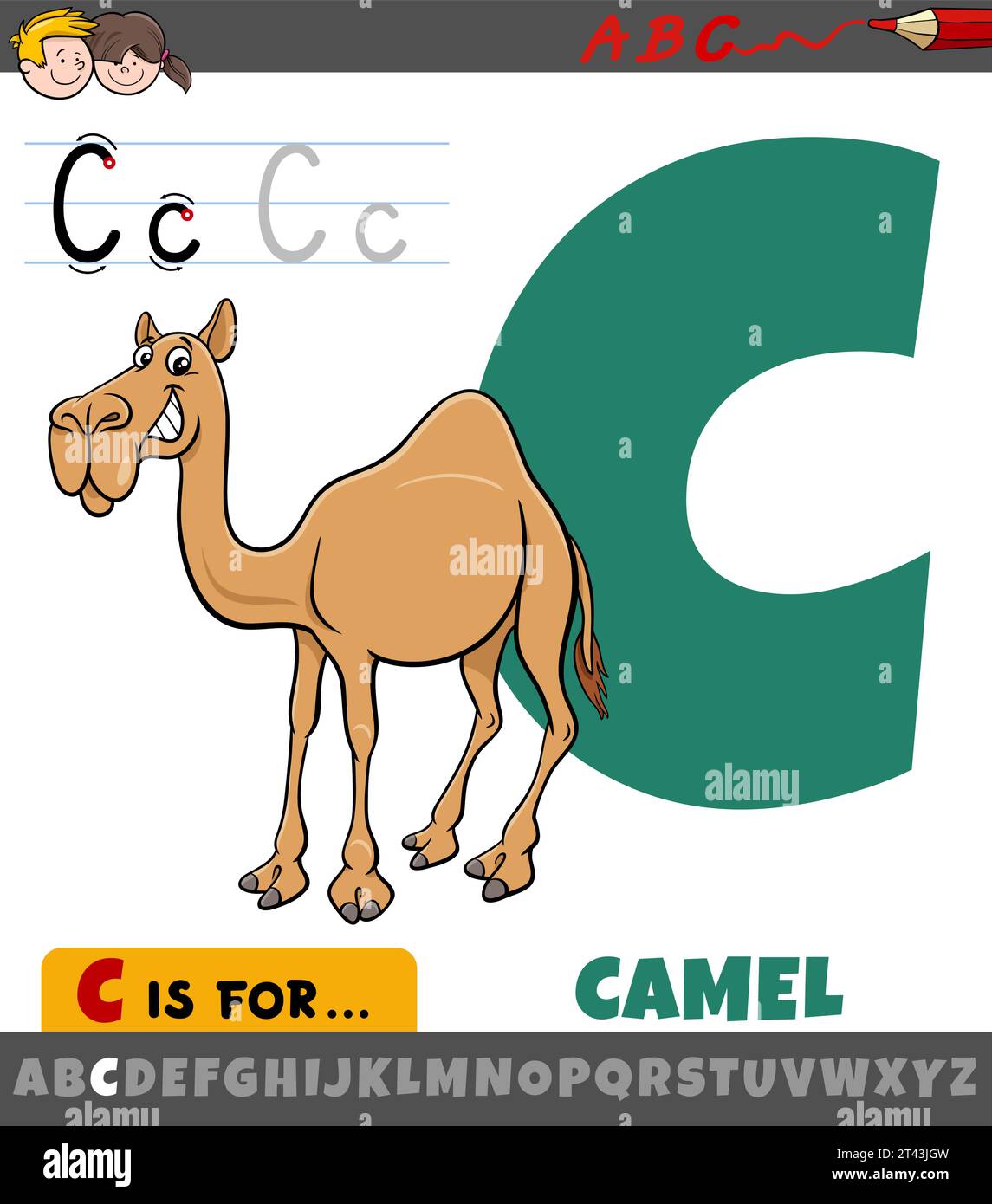 Educational cartoon illustration of letter C from alphabet with camel ...