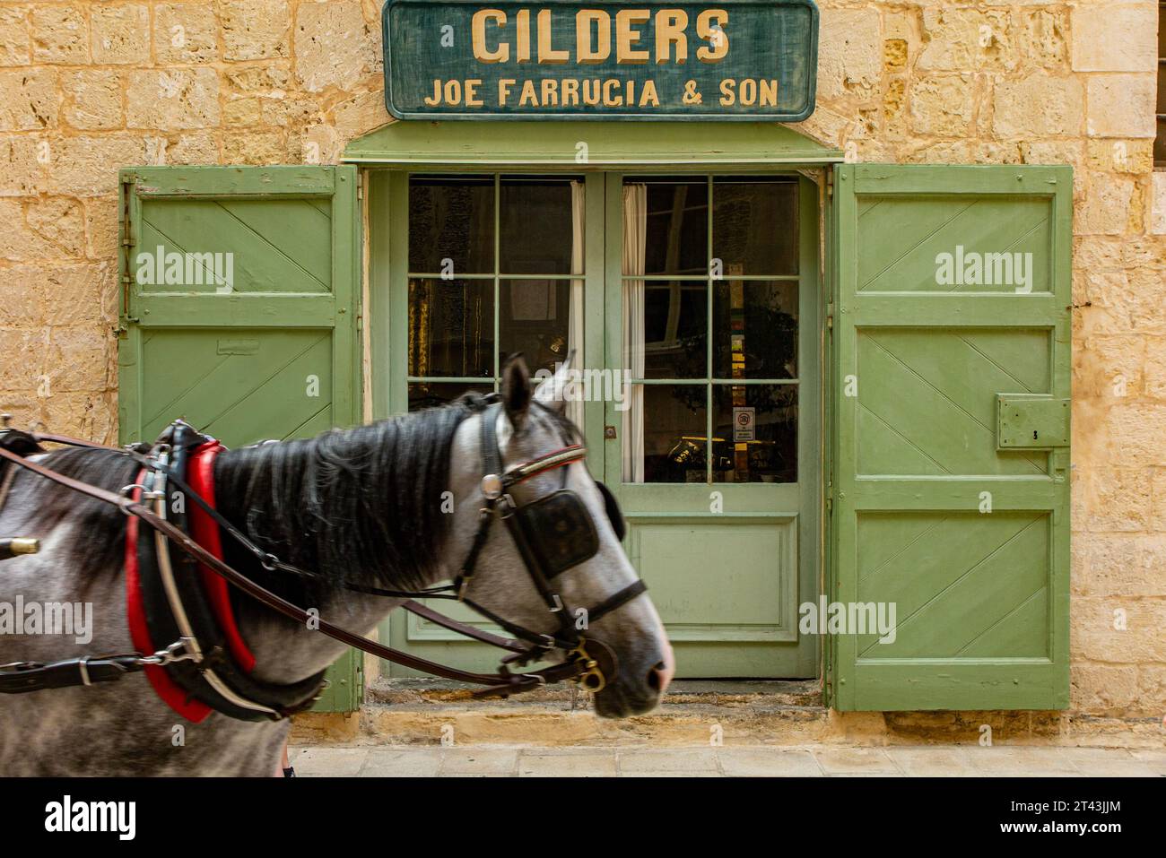 Horse and carriage transport ppassing a traditional gilders shop in the ...