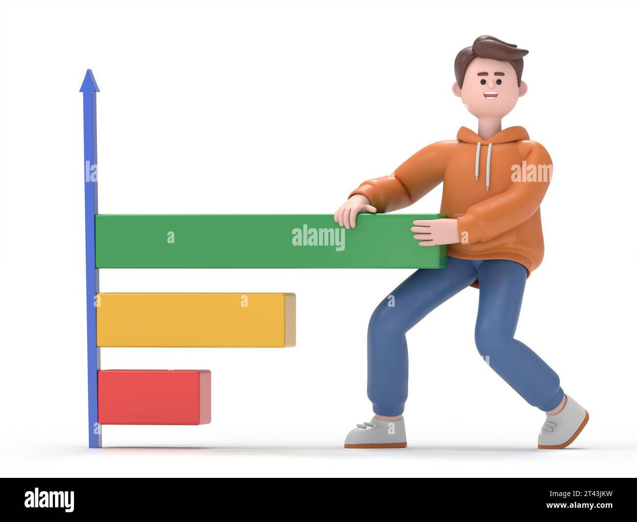 3D illustration of male guy Qadir pulls a graph and diagram ...