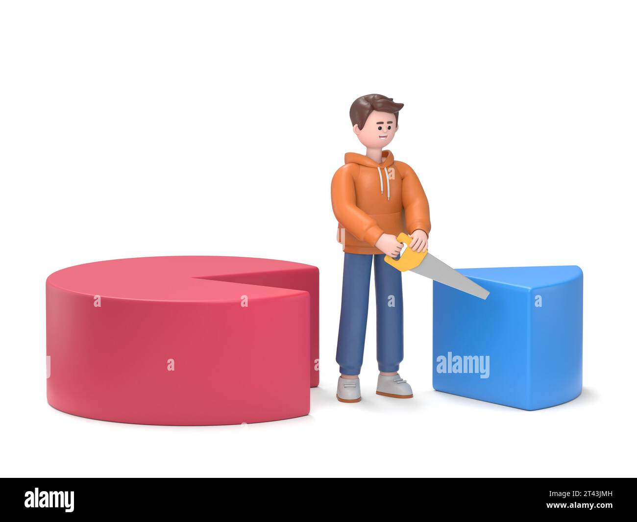3D illustration of male guy Qadir cutting out a piece of pie chart.3D ...
