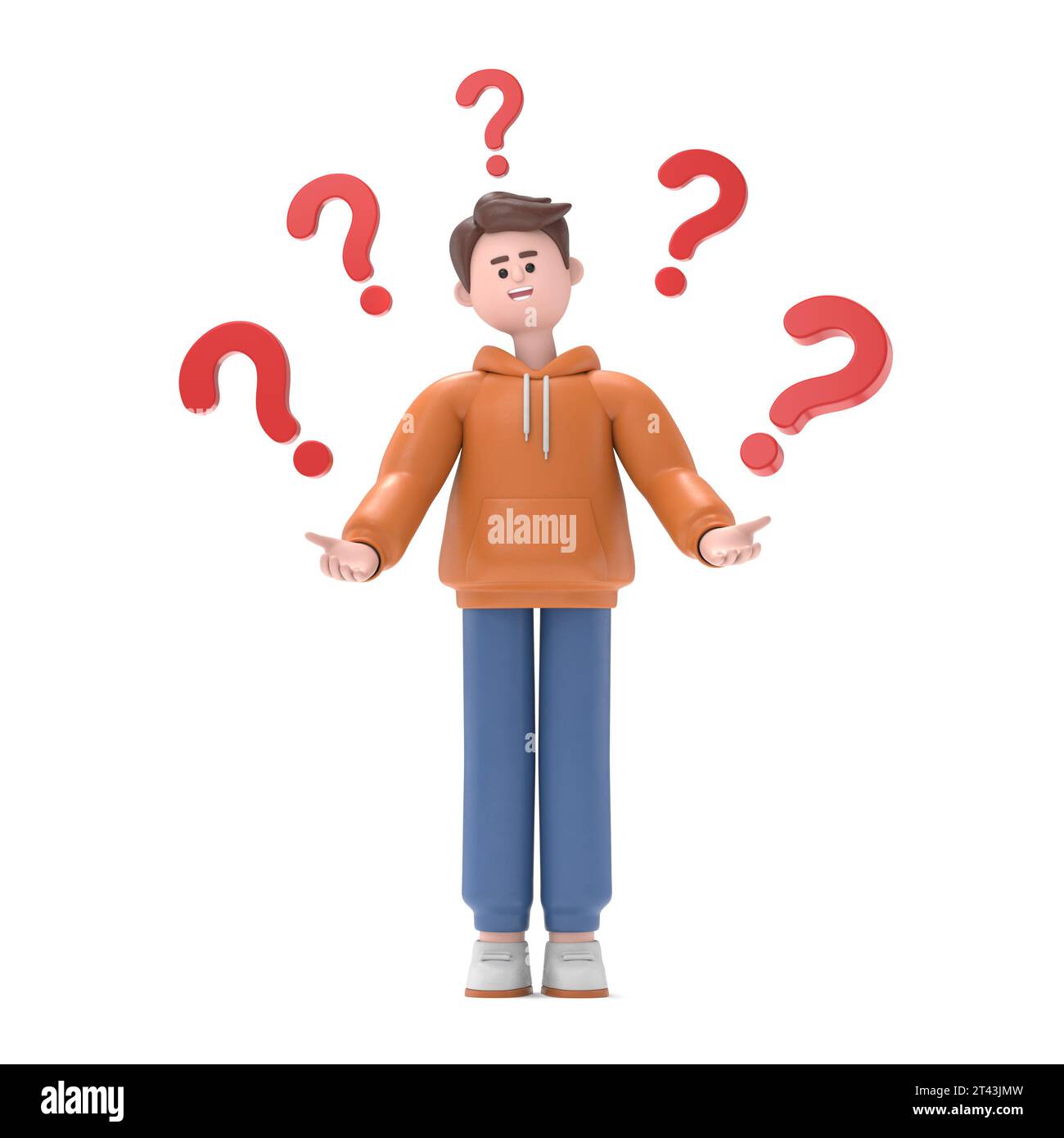 3D illustration of thinking male guy Qadir surrounded by question marks ...