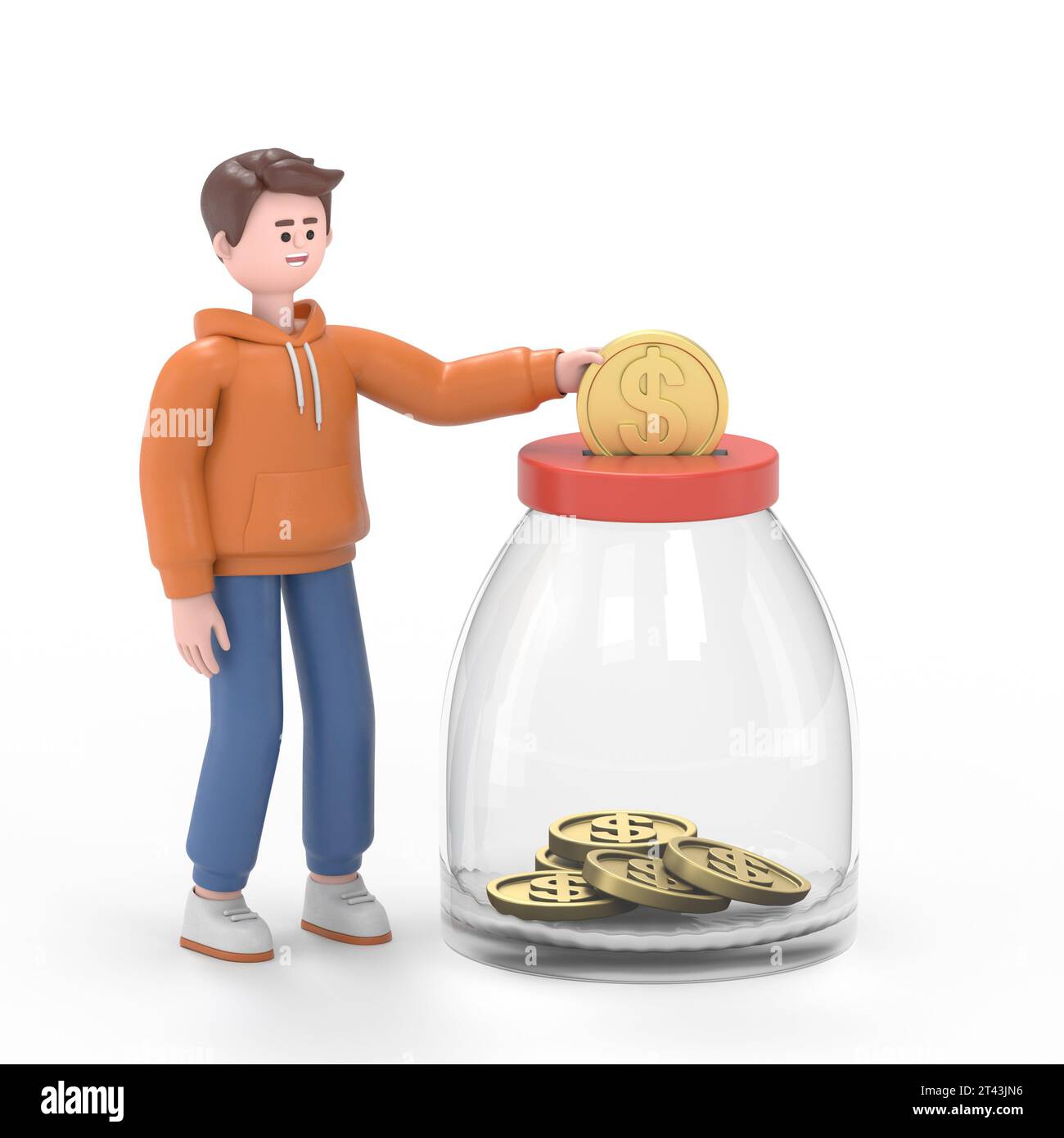 3D illustration of male guy Qadir throws gold coin in a box for ...