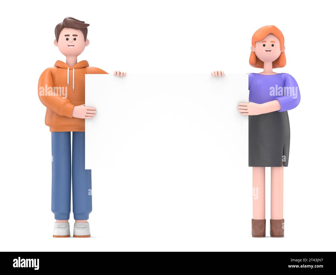 3D illustration of cartoon characters holding an empty white placard ...