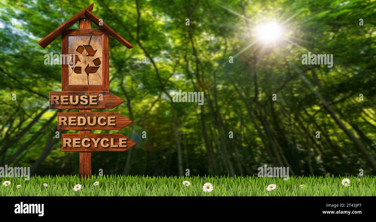 Three wooden directional sign with text Reuse Reduce Recycle and a ...