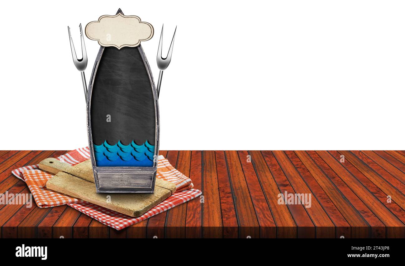 Template of restaurant menu. Small wooden boat with empty blackboard ...