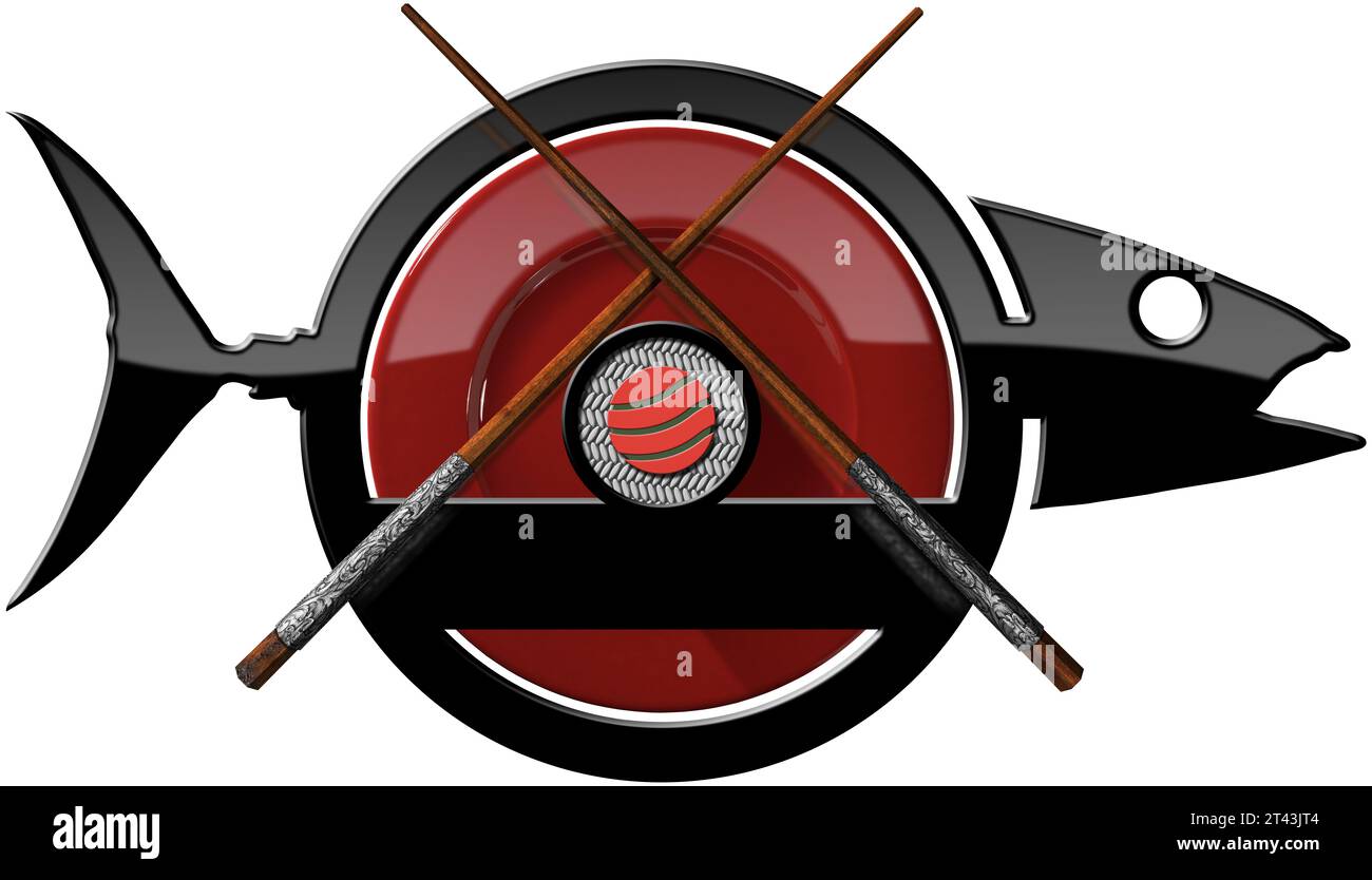 Sushi Symbol in the shape of fish with red plate, wooden and silver ...