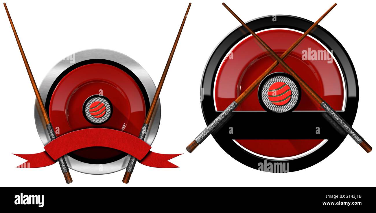 Two Sushi symbols with red plate, wooden and silver chopsticks, sushi ...