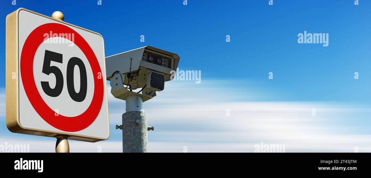 Road Sign Speed Limit 50 Kmh (kilometers per hour) and a modern speed ...